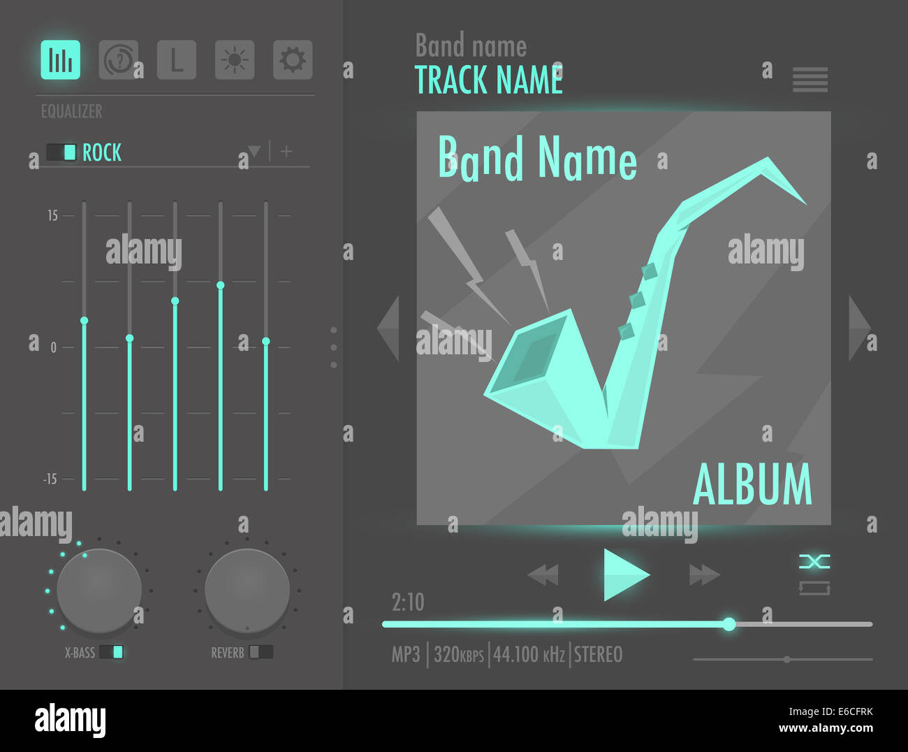 Vector illustration of audio player interface with control panel Stock ...