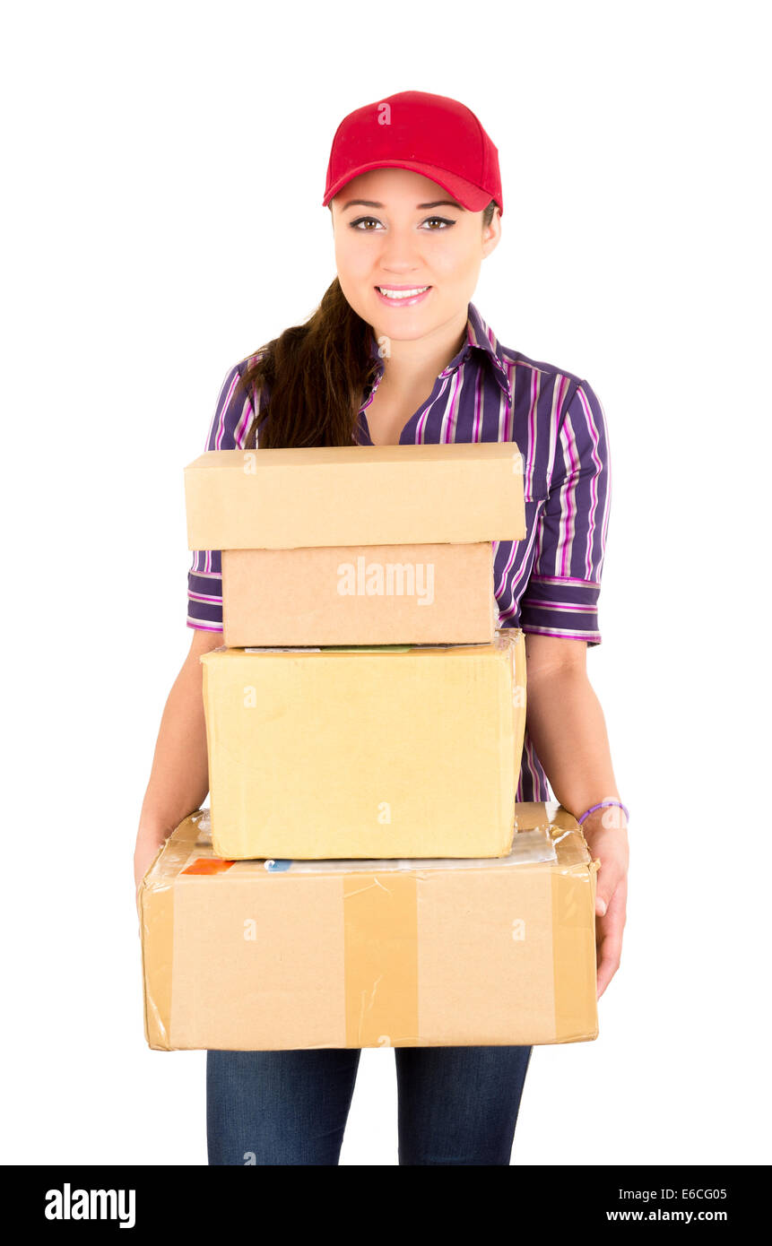 Young happy delivery woman holding package Stock Photo - Alamy