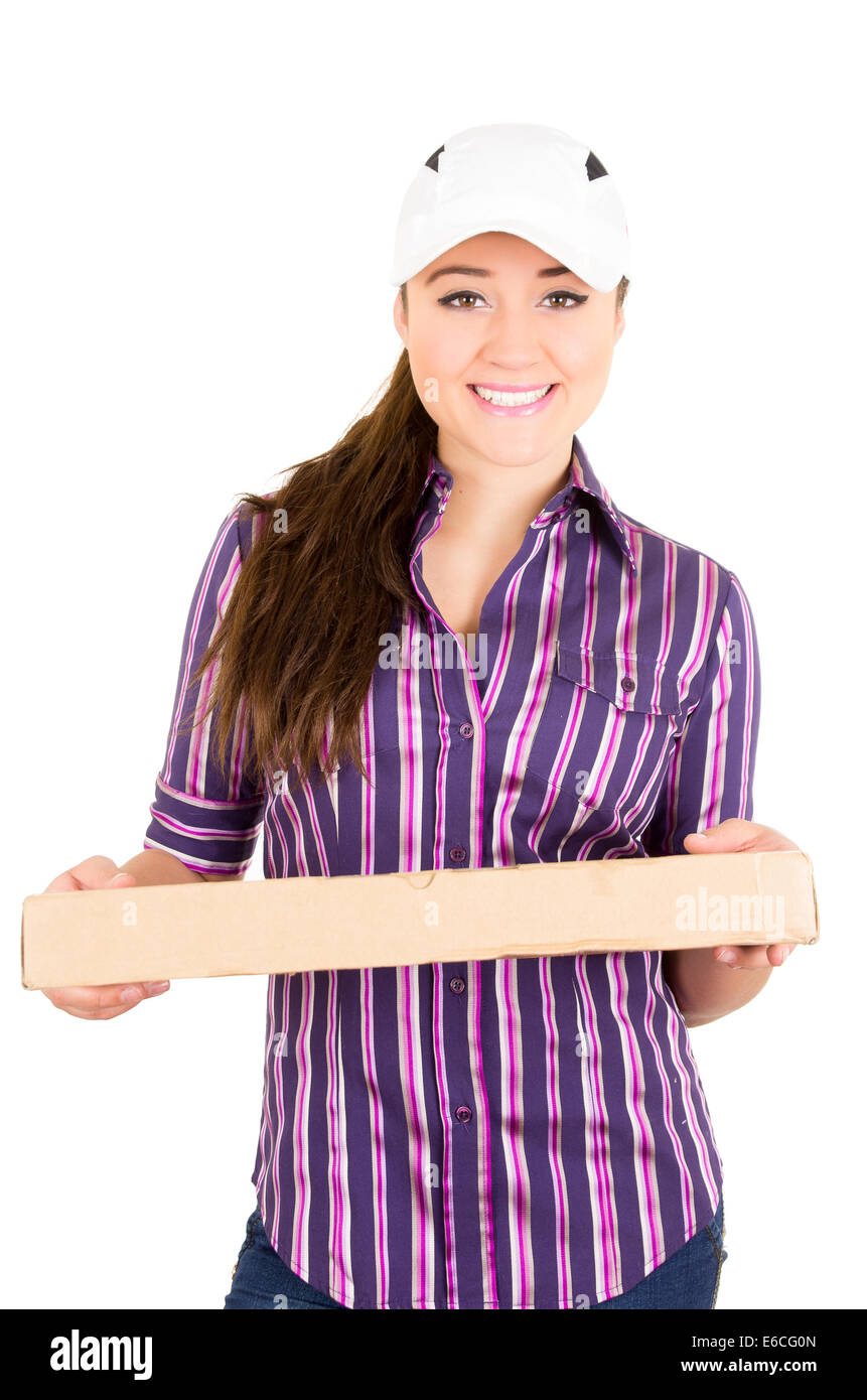 Young happy delivery woman holding package Stock Photo - Alamy