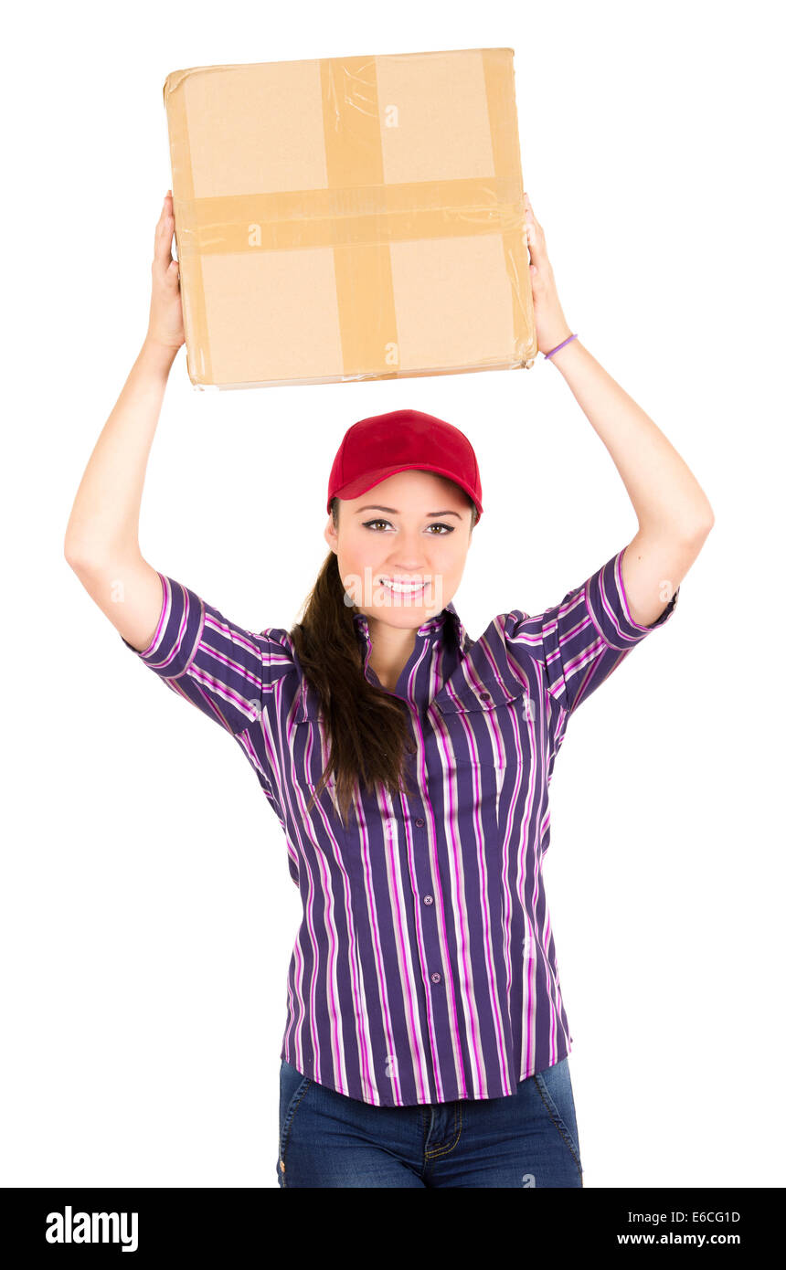 Young happy beautiful delivery girl carrying cardboard box Stock Photo ...