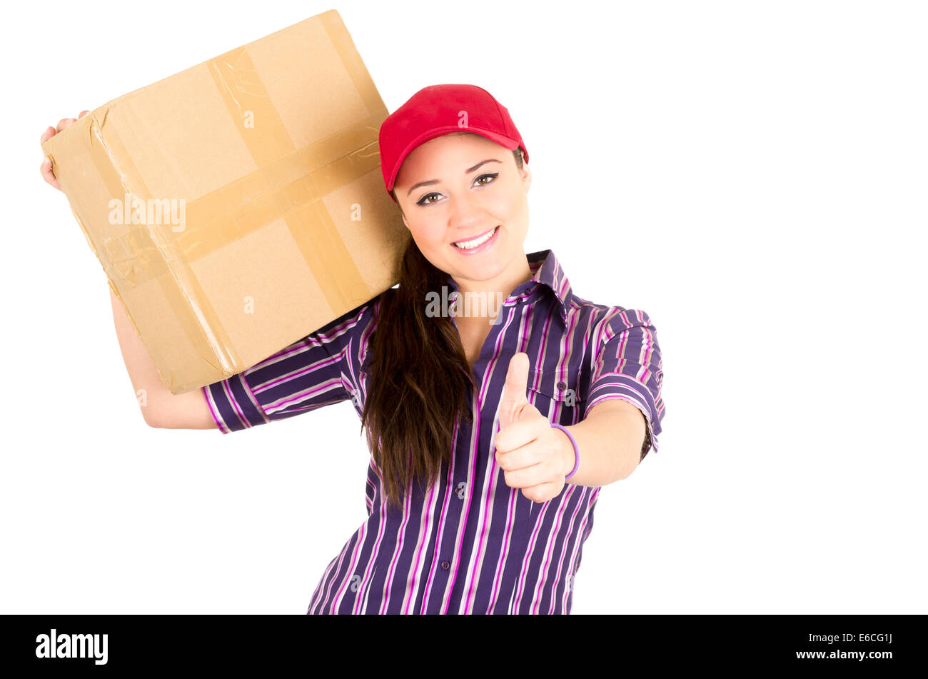Young happy beautiful delivery girl carrying cardboard box Stock Photo ...