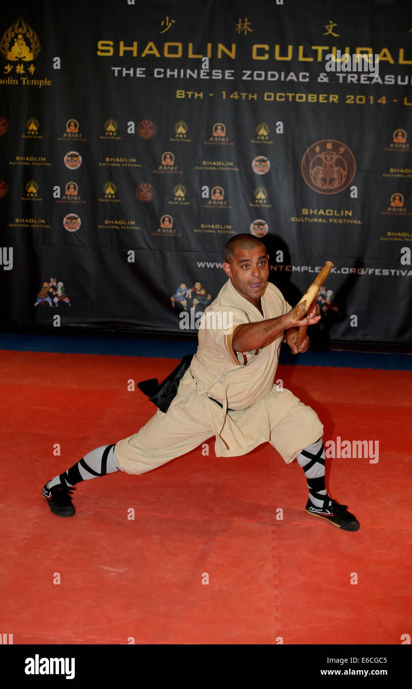 London, UK. 20th August, 2014. A disciple performs Shaolin Kung Fu ...