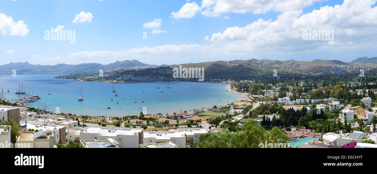 Panorama of the beach with recreation yachts on Turkish resort, Bodrum ...