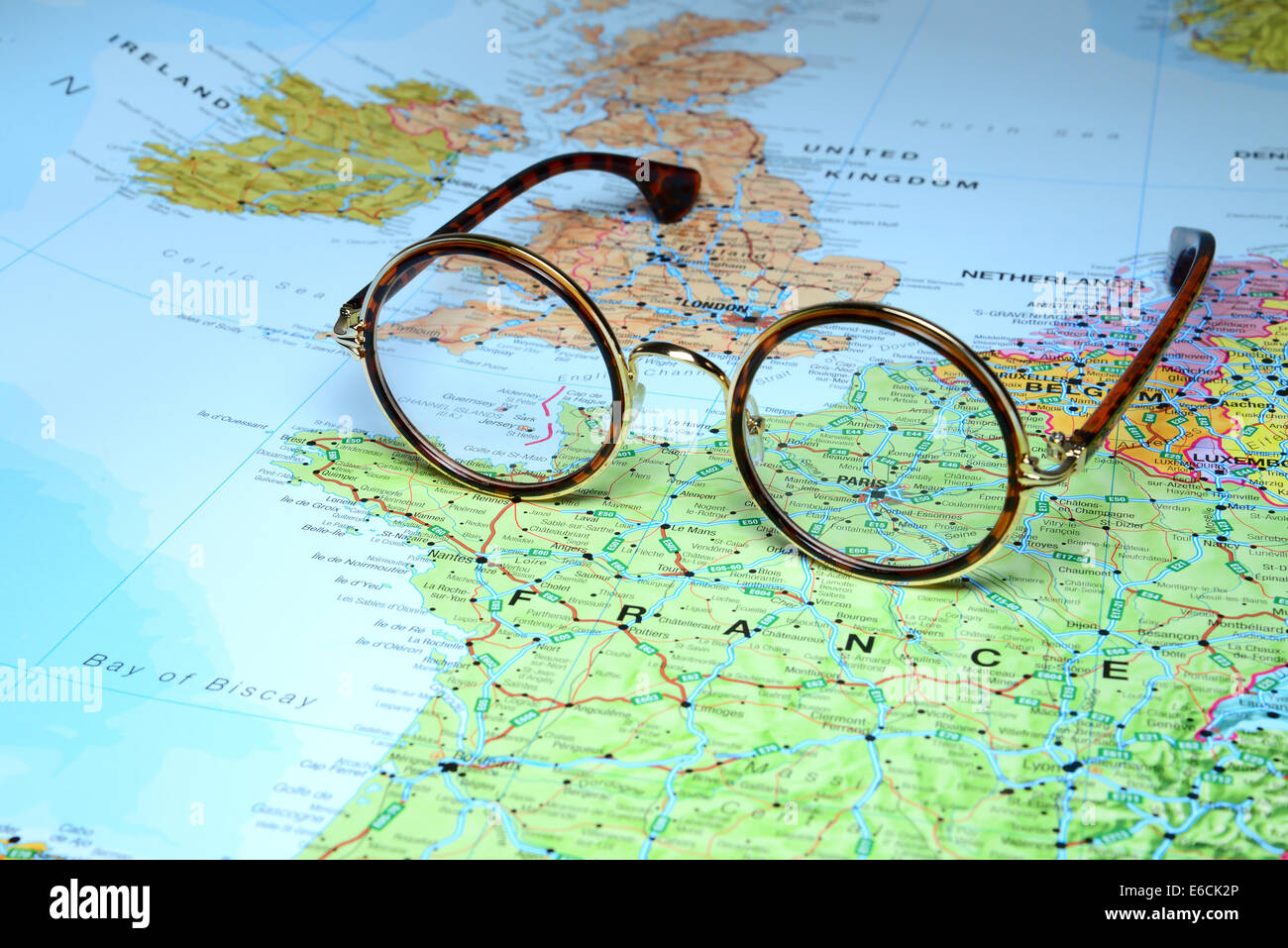 Glasses on a map of europe - Paris Stock Photo - Alamy