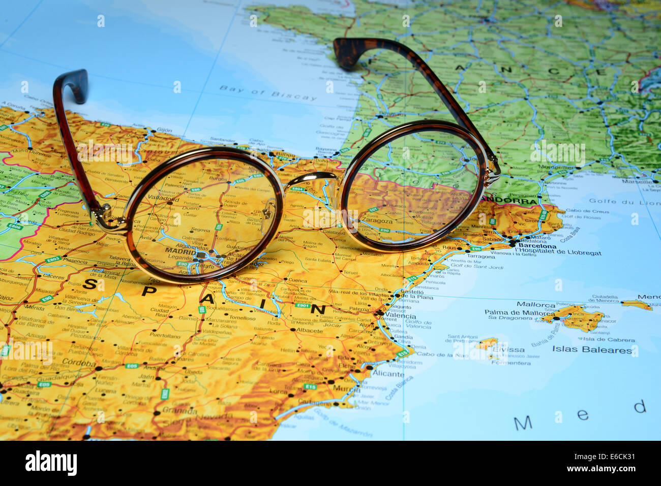 Glasses on a map of europe - Madrid Stock Photo - Alamy