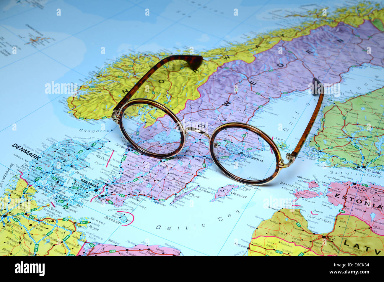 Glasses on a map of europe - Stockholm Stock Photo - Alamy