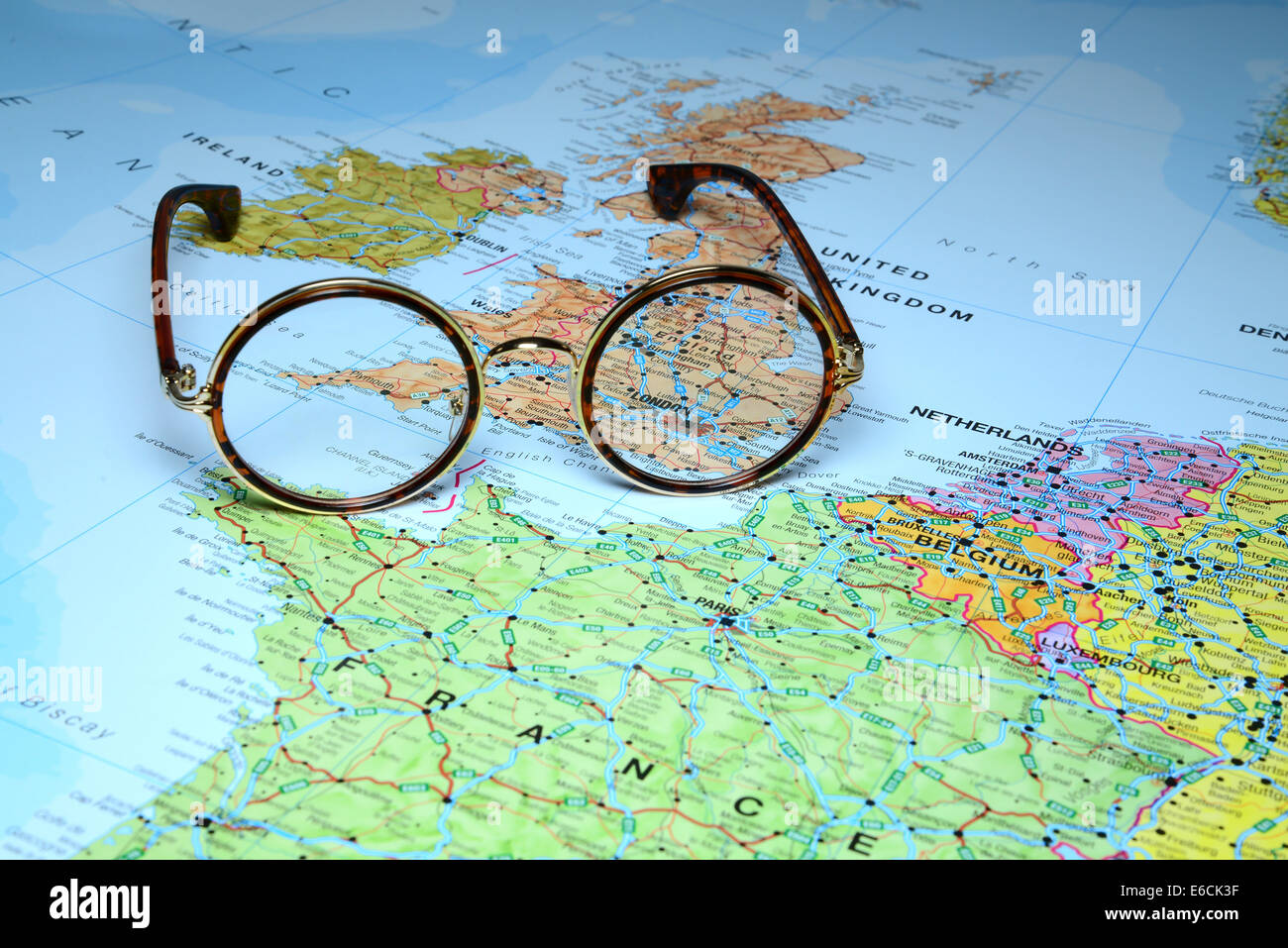 Glasses on a map of europe - London Stock Photo - Alamy