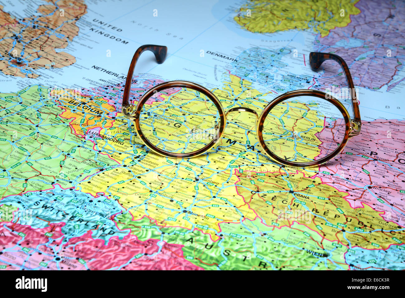 Glasses on a map of europe - Berlin Stock Photo - Alamy