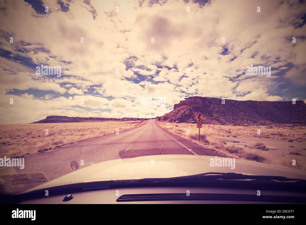 Vintage endless road, photo taken from front seat of a car, USA Stock ...