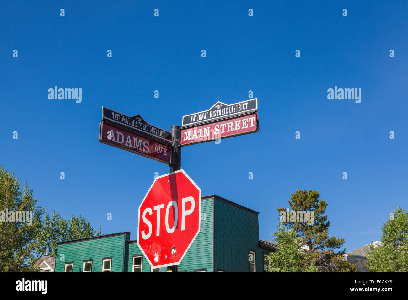 Stop sign and street signs in Breckenridge, Colorado Stock Photo - Alamy