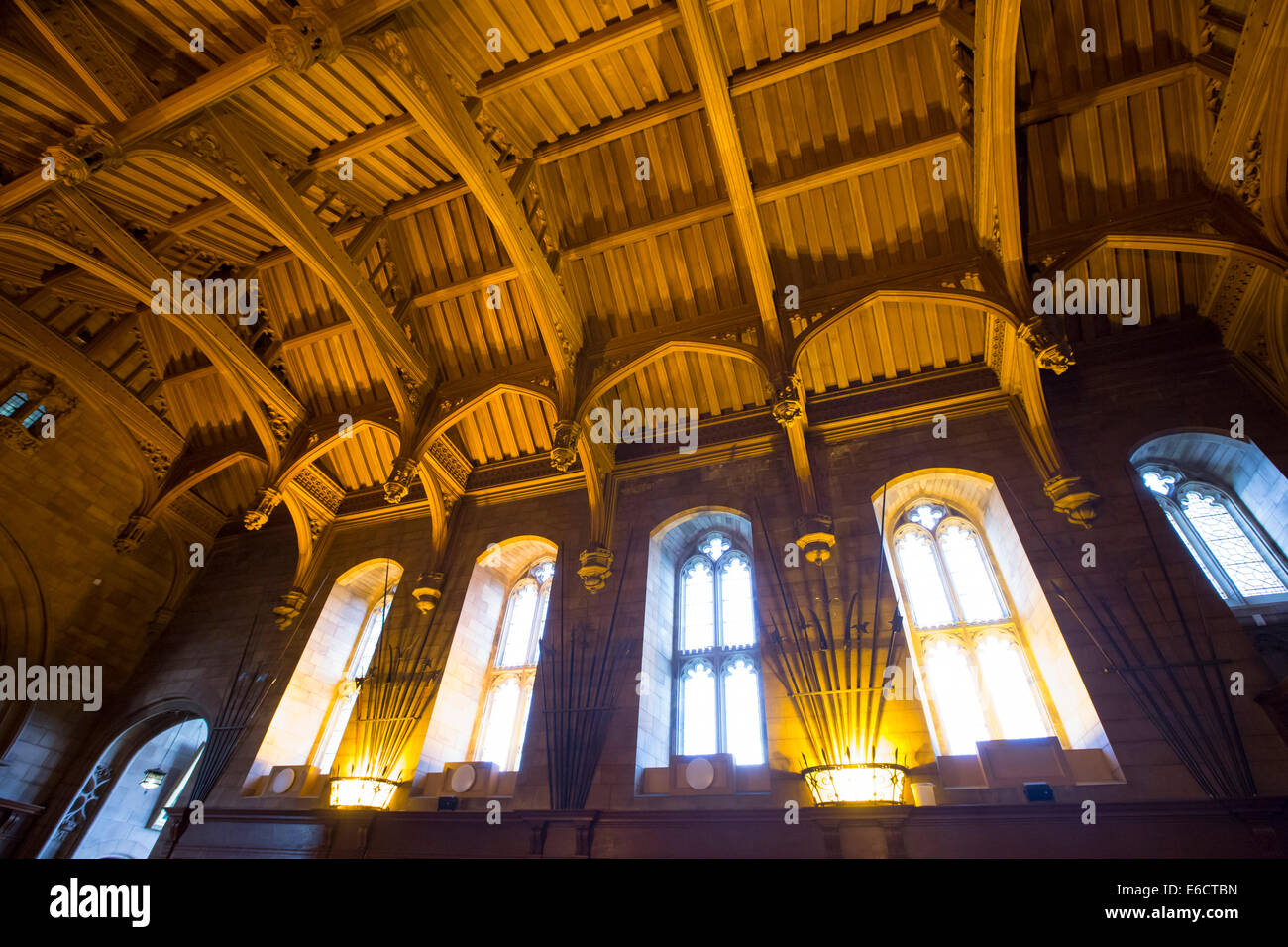 The vaulted wooden ceiling in the Great Hall at Bamburgh Castle in ...
