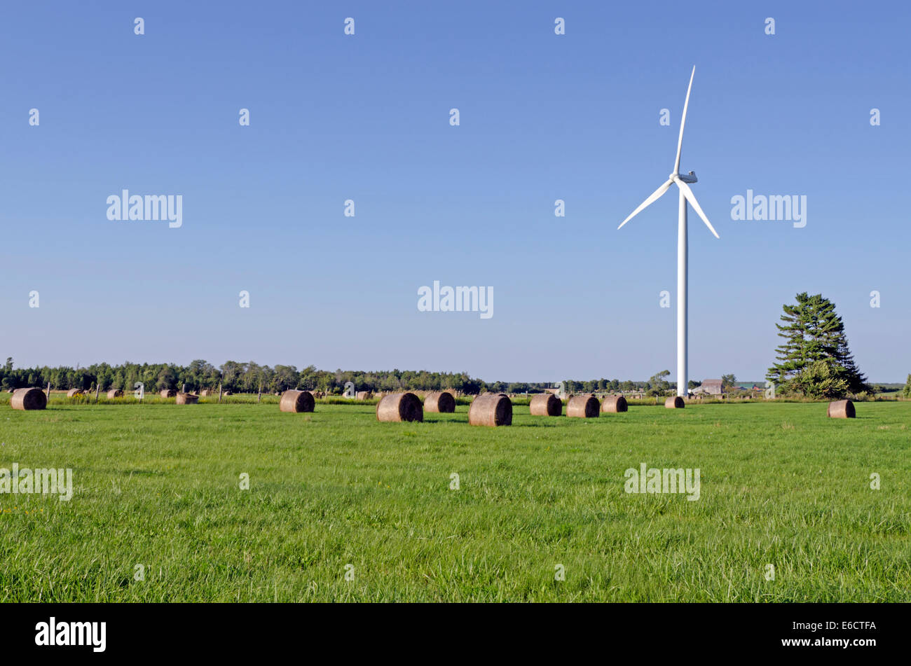 Wind turbine and hay bails in a field on green grass background Stock ...