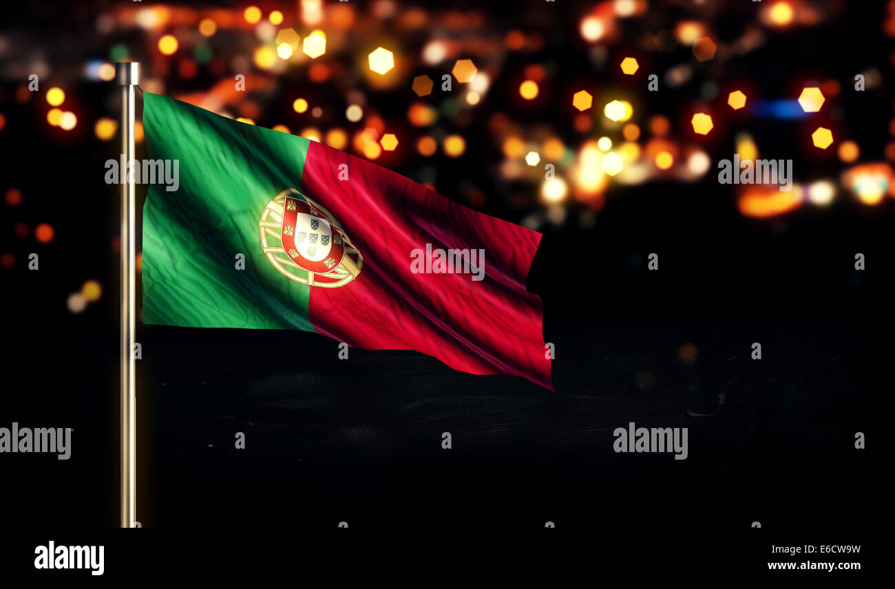 Portugal National Flag City Light Night Bokeh Background 3D Stock Photo ...