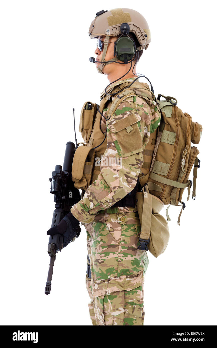 soldier with rifle or sniper ,isolated on white background Stock Photo ...