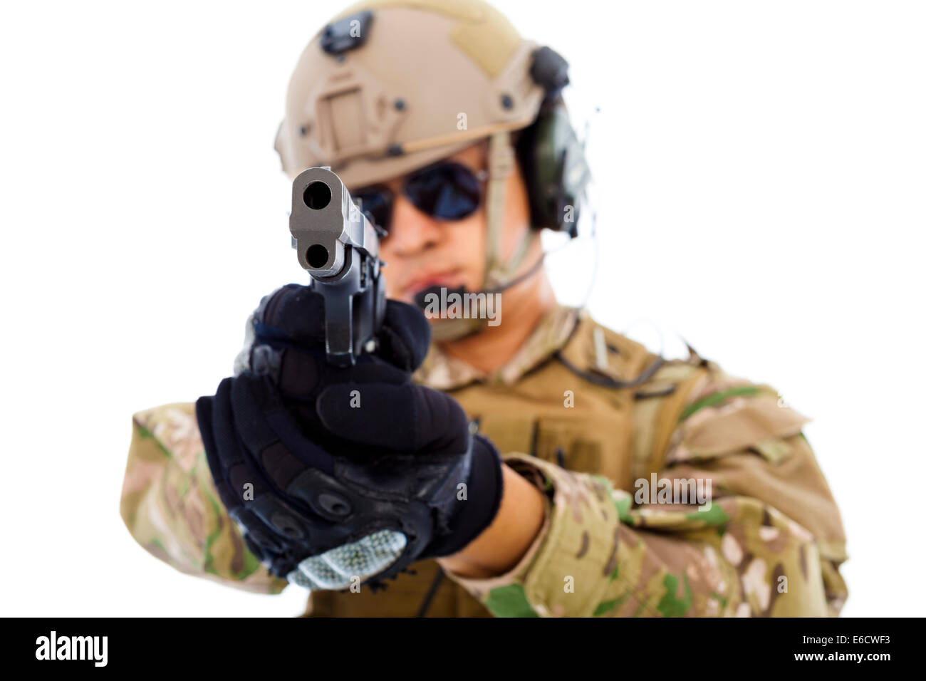 closeup of soldier with a gun isolated on white background Stock Photo ...