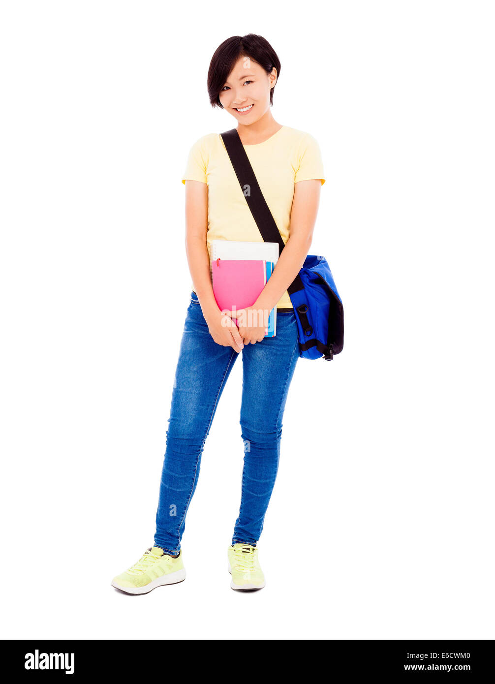 full length pretty university student girl standing over white ...