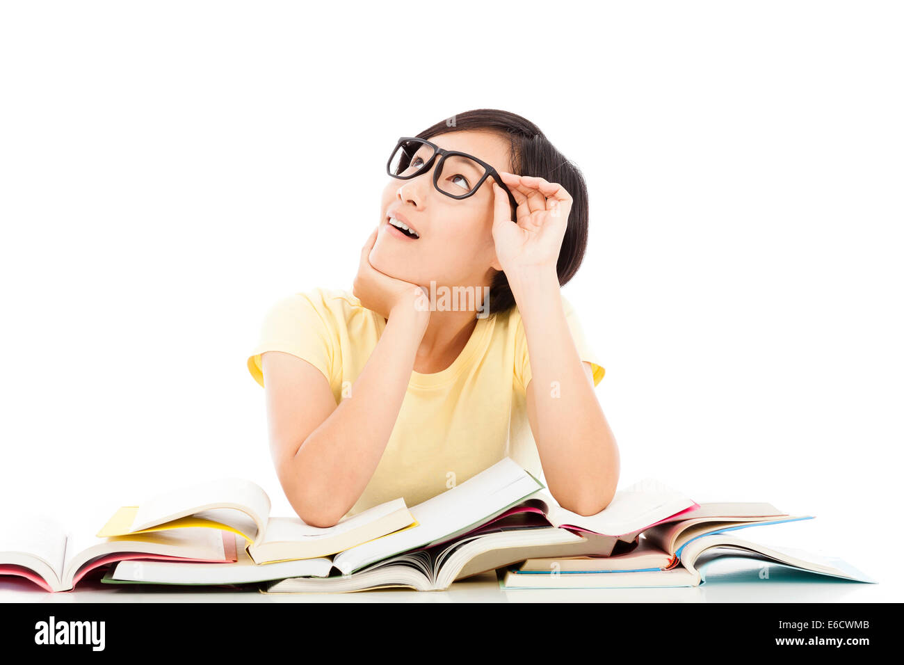 asian young student girl thinking with book Stock Photo - Alamy
