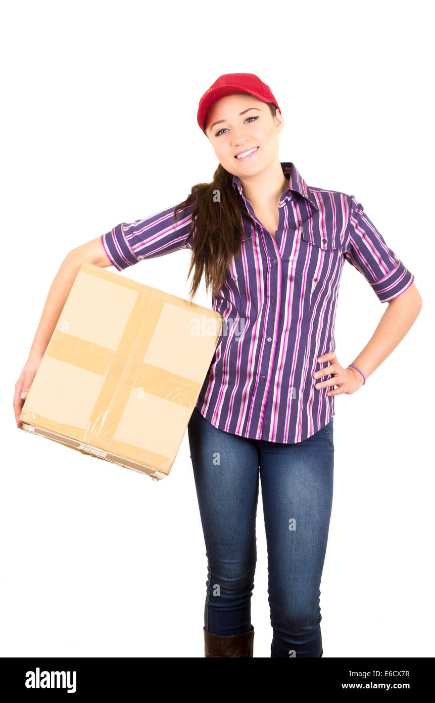 Young happy beautiful delivery girl carrying cardboard box Stock Photo ...