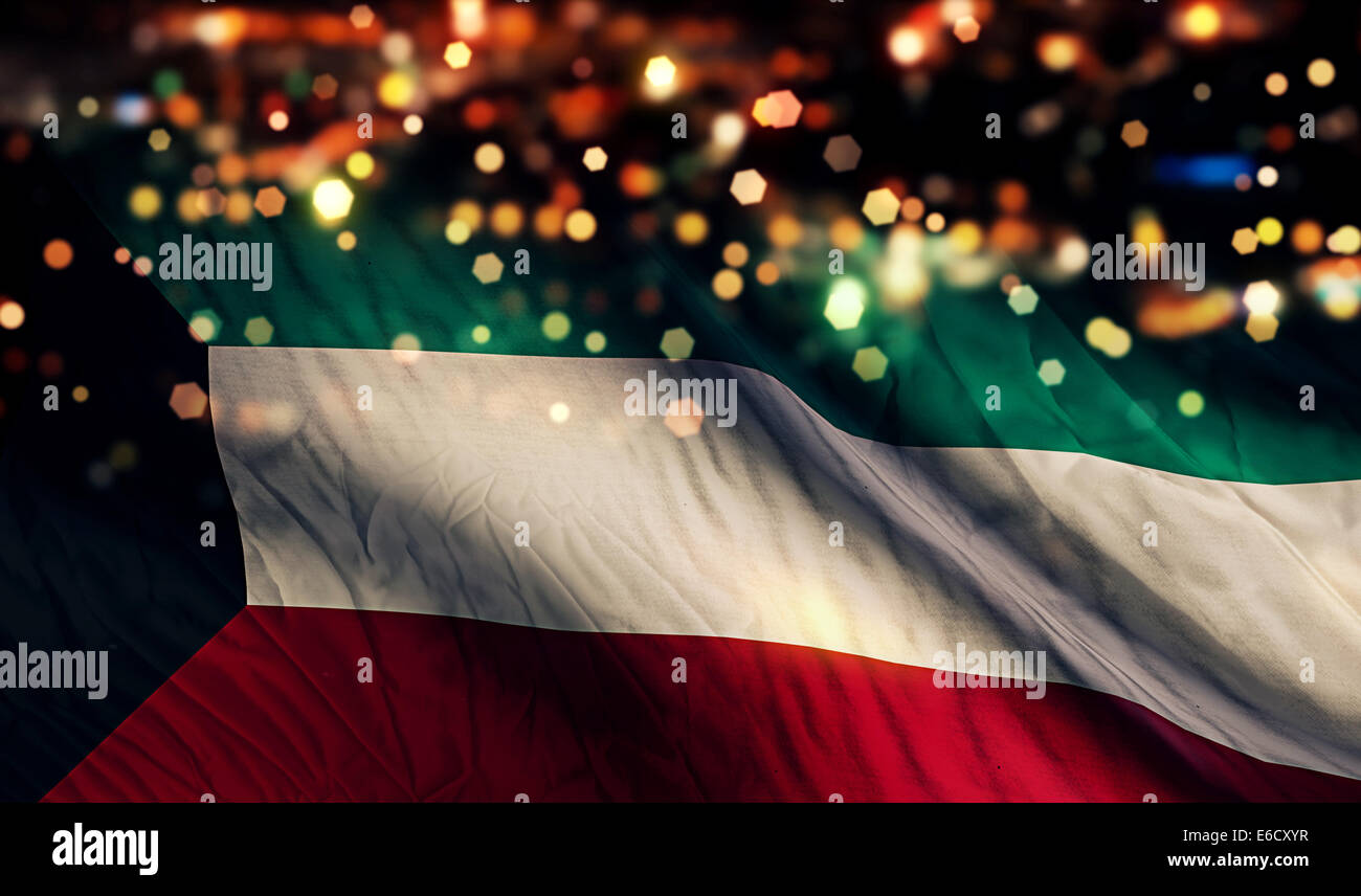 Kuwait National Flag Light Night Bokeh Abstract Background Stock Photo ...