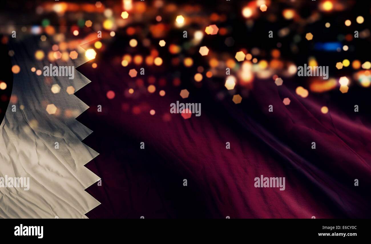 Qatar National Flag Light Night Bokeh Abstract Background Stock Photo ...