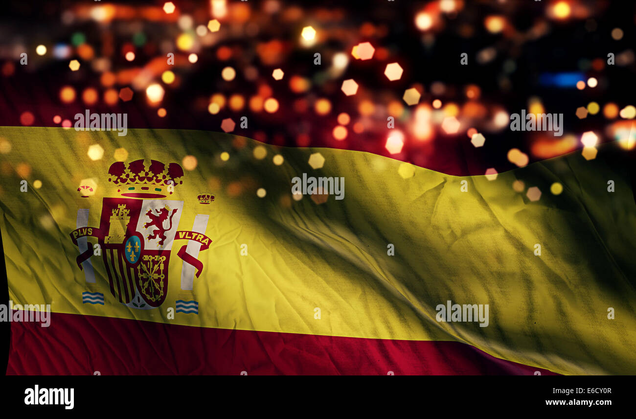 Spain National Flag Light Night Bokeh Abstract Background Stock Photo ...