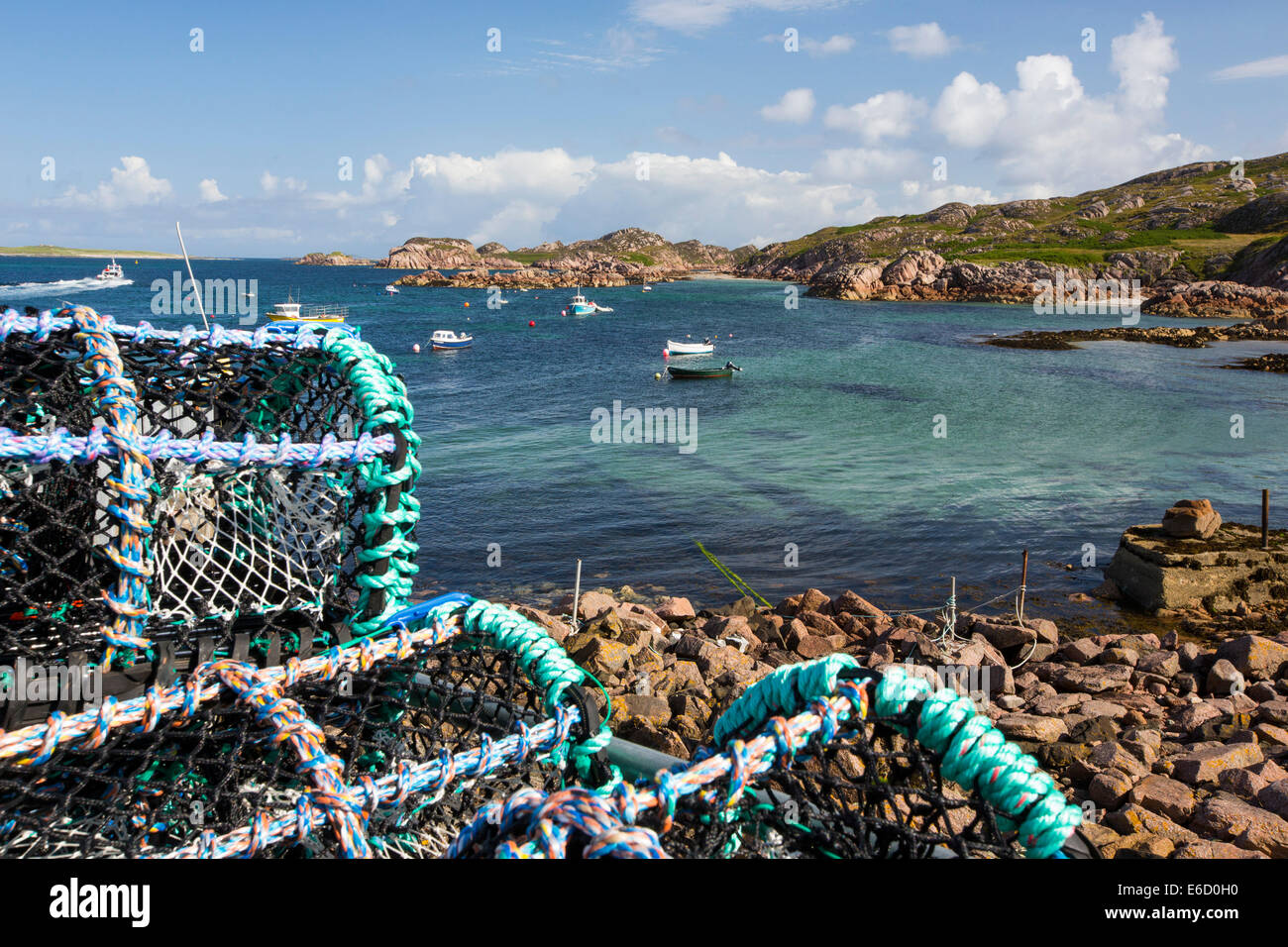 lobster pots at Fionnphort Isle of Mull, Scotland, UK, looking towards ...