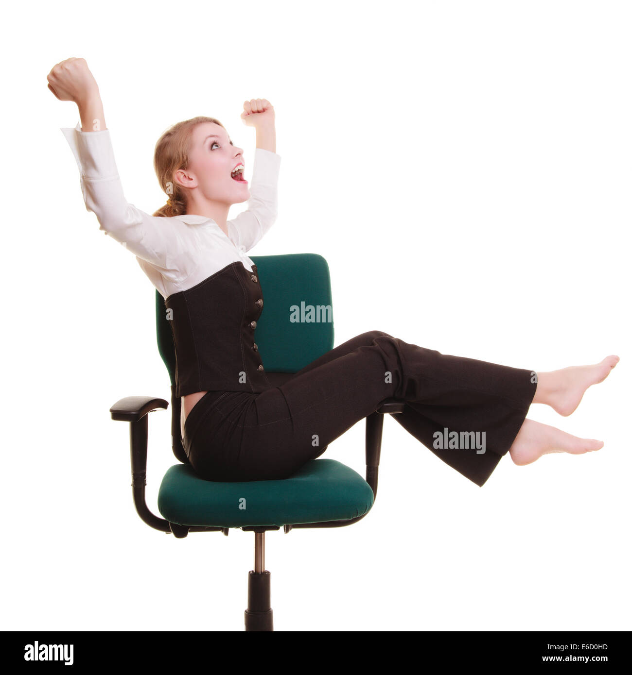 Success in business work. Young businesswoman happy girl celebrating ...