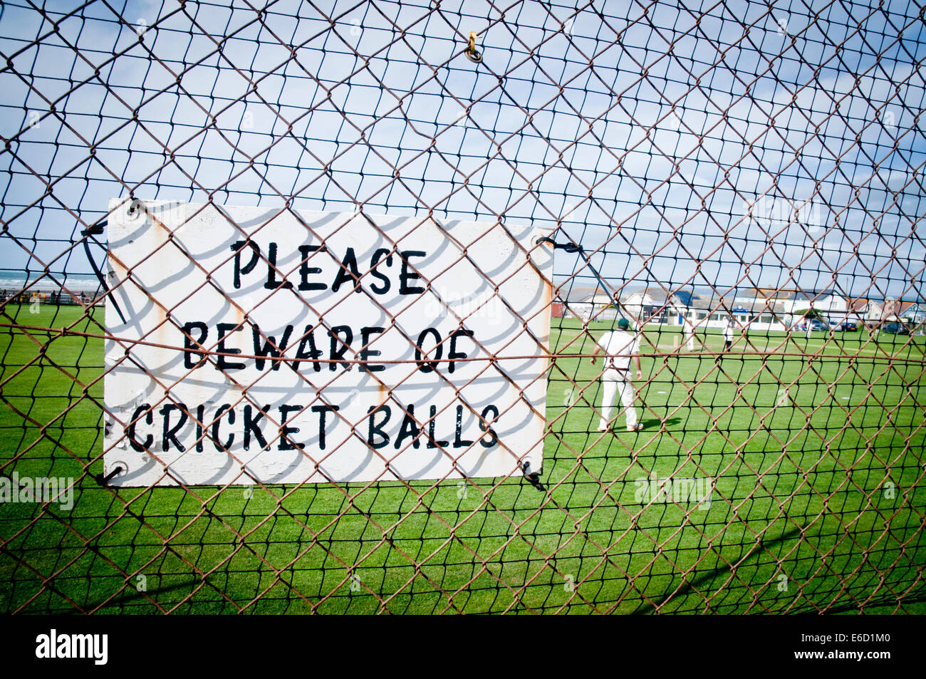 Sign saying 'Please Beware Of Cricket Balls', Westward Ho, North Devon ...