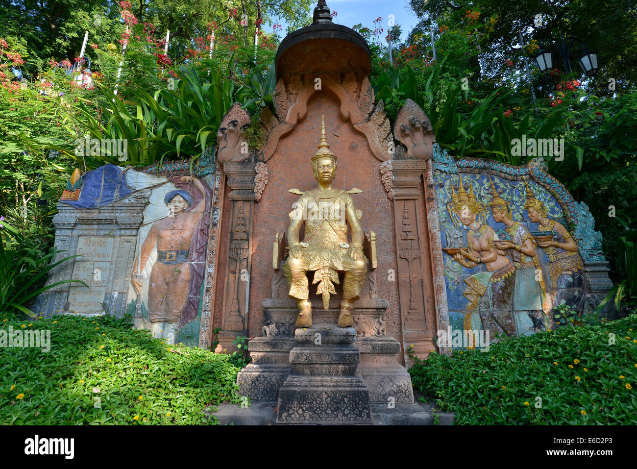 Bas-relief and statue of King Sisowath on the hill of Wat Phnom, Phnom ...