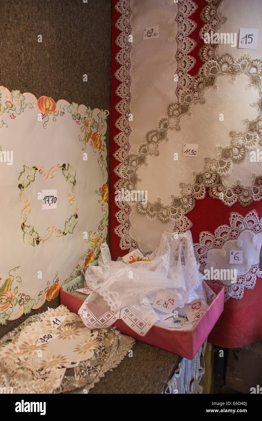 Traditional embroidery and lace items for sale in a specialist lace ...