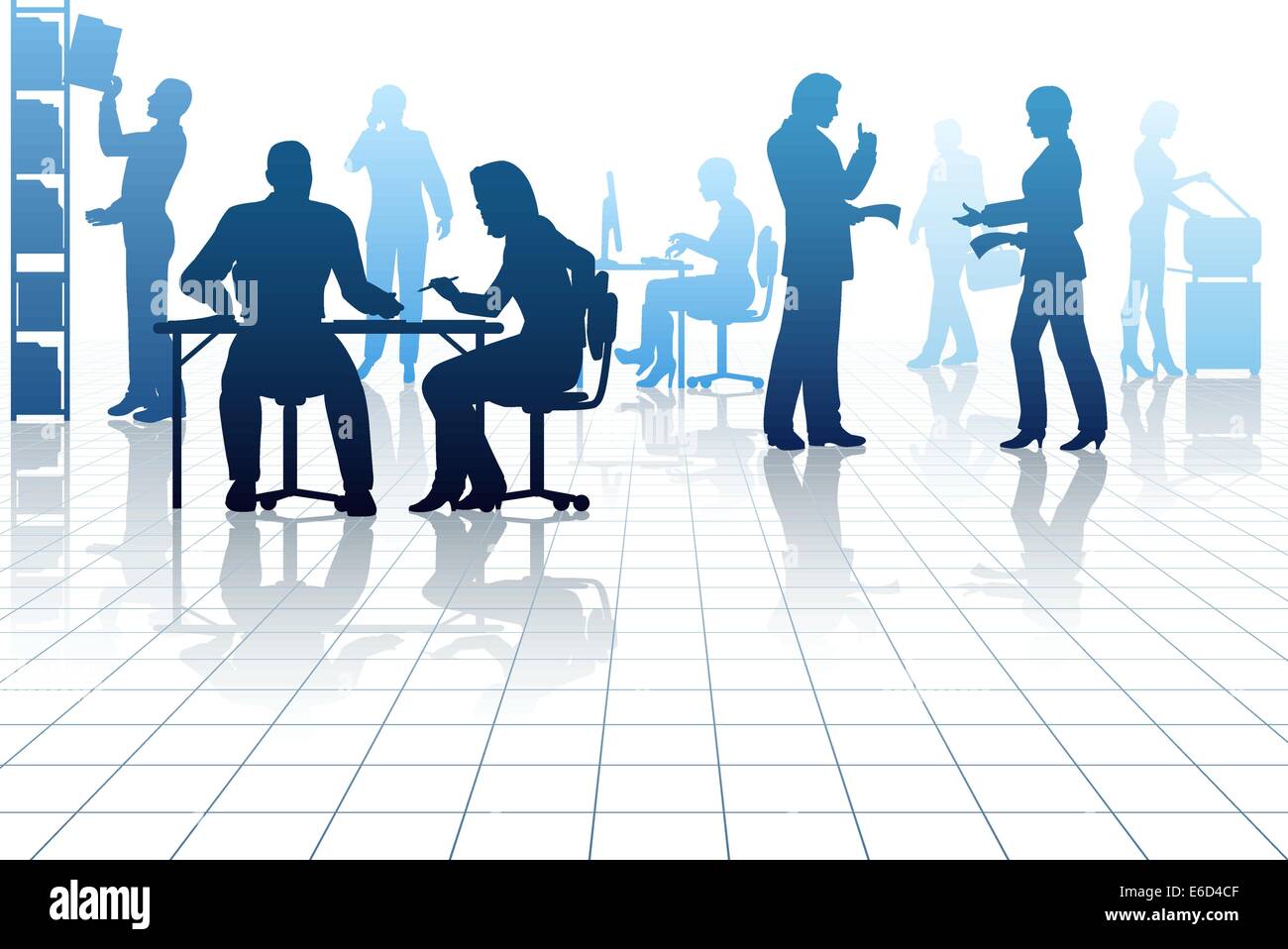 Editable vector silhouettes of people in a busy office with reflections ...