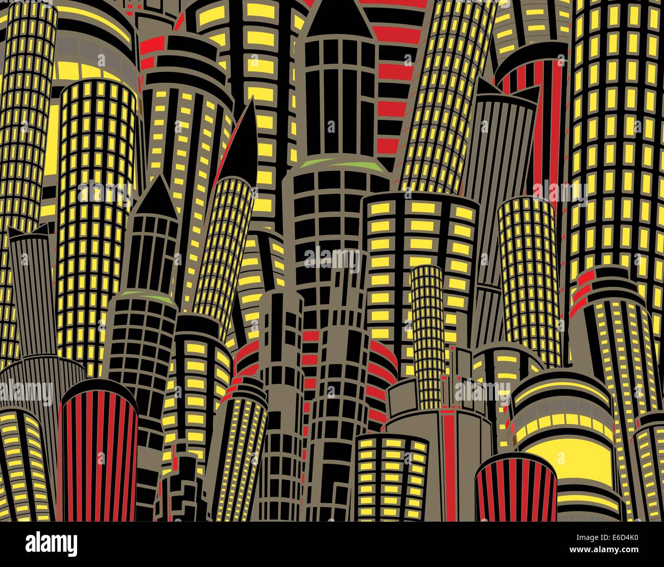 Editable vector illustration of tall city buildings at night Stock ...