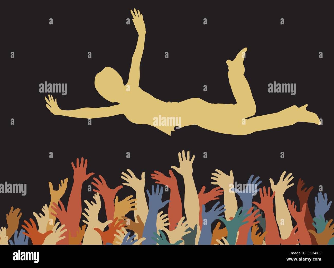 Editable vector illustration of a woman being caught by many hands ...