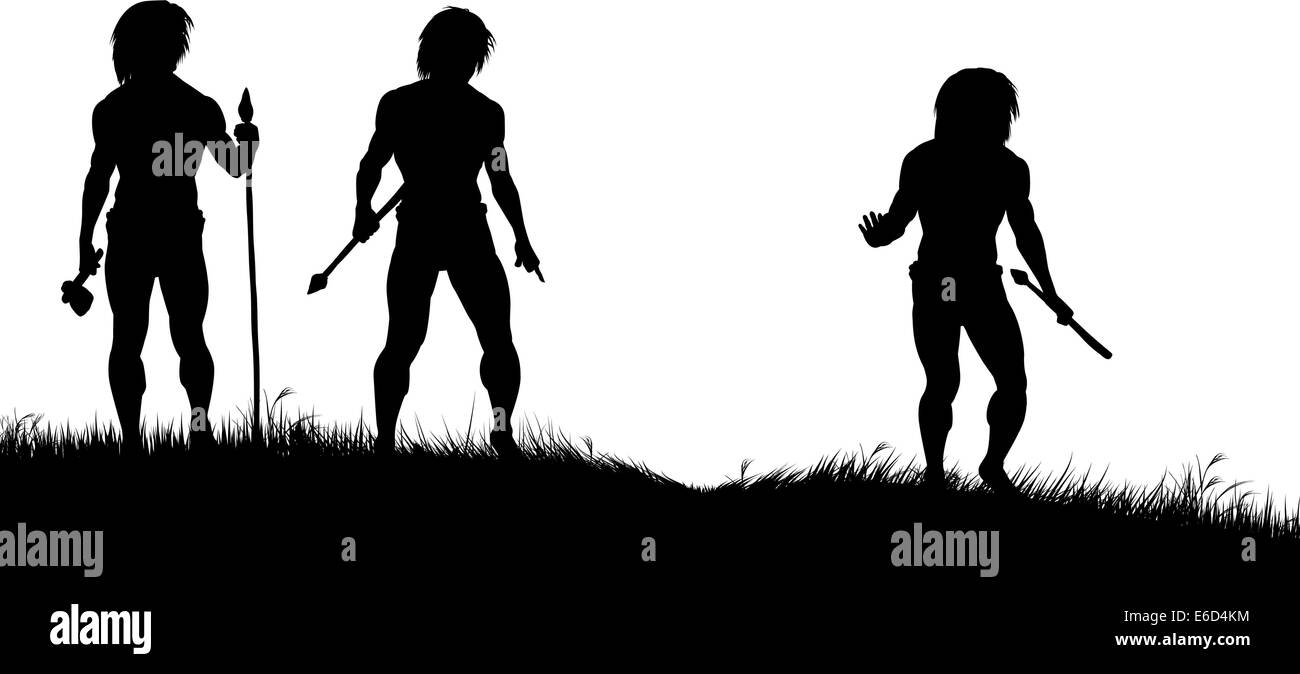 Editable vector silhouettes of three cavemen hunters with spears ...