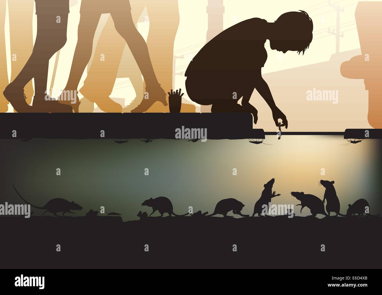 Editable vector illustration of a young boy feeding rats in a city ...