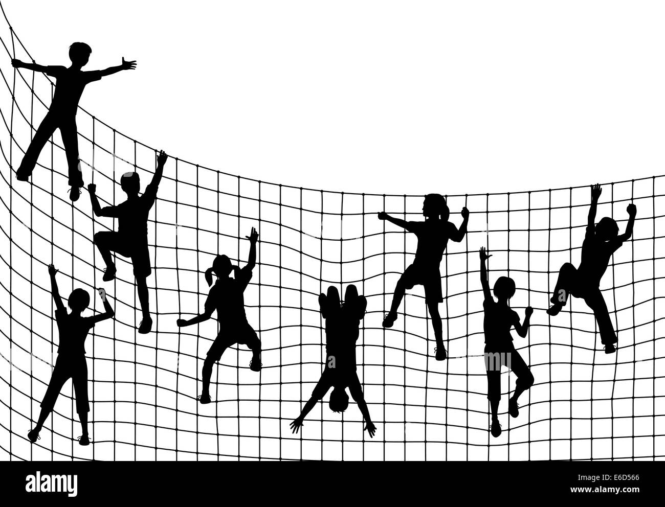 Editable vector illustration of children silhouettes climbing a net ...