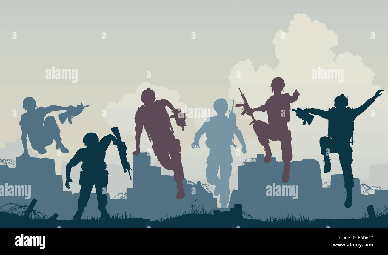 Editable vector silhouettes of armed soldiers charging forward Stock ...