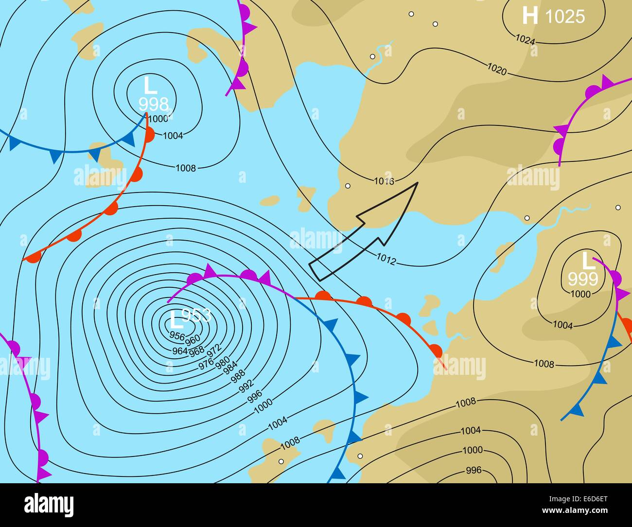 Editable vector illustration of a generic weather map showing a storm ...