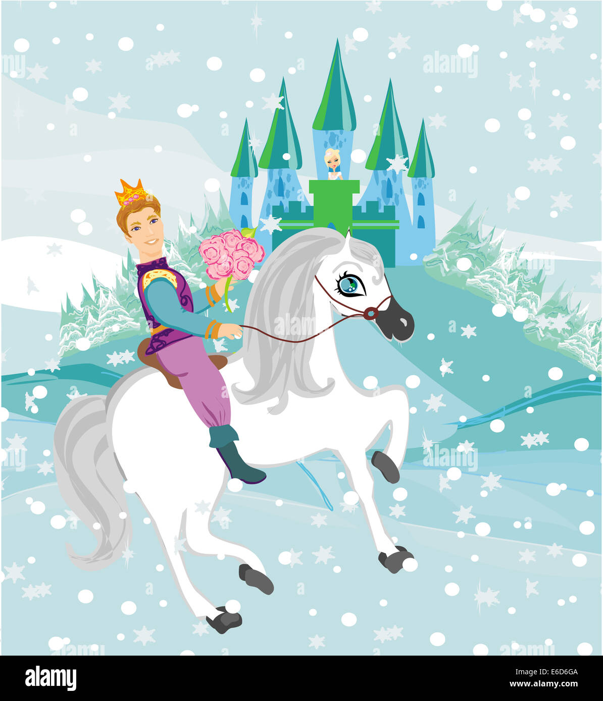Prince riding a horse to the princess on a winter day Stock Photo - Alamy