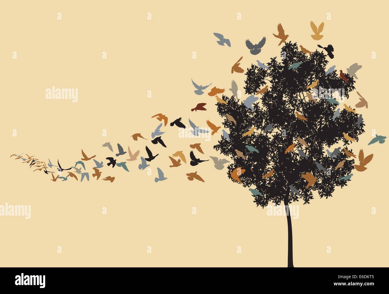 Vector silhouettes of a pigeon flock flying to a tree roost Stock ...