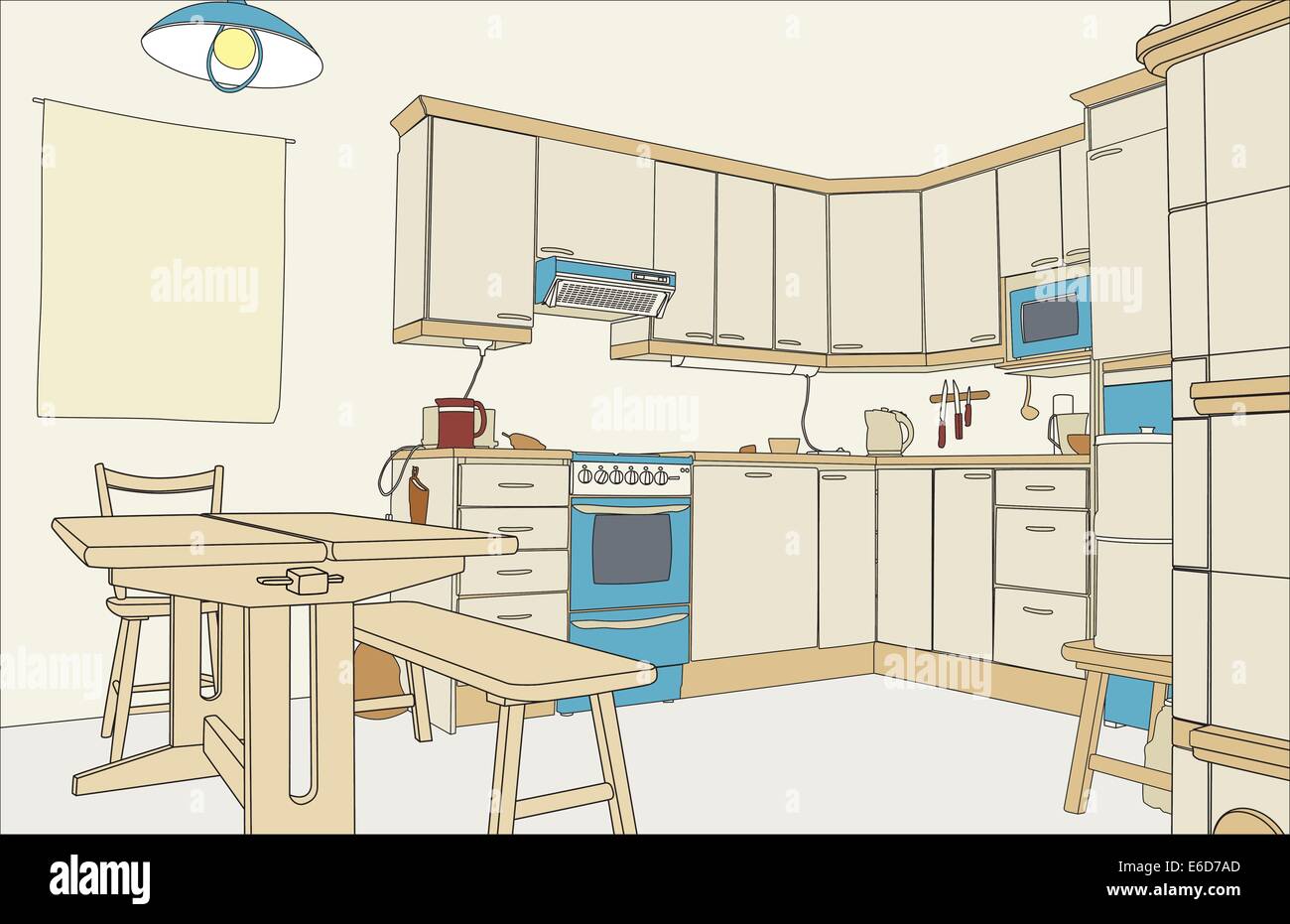 Editable vector illustration of an outline sketch of a kitchen interior ...