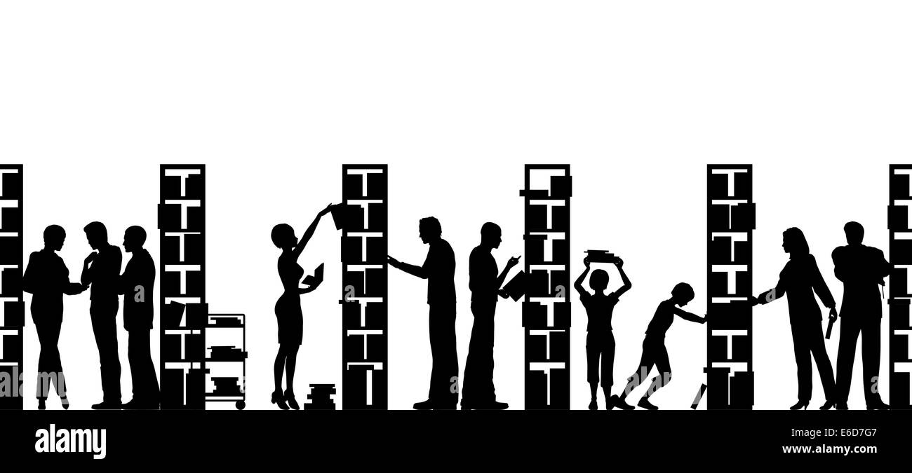 Editable vector silhouette of people in a library with all elements as ...