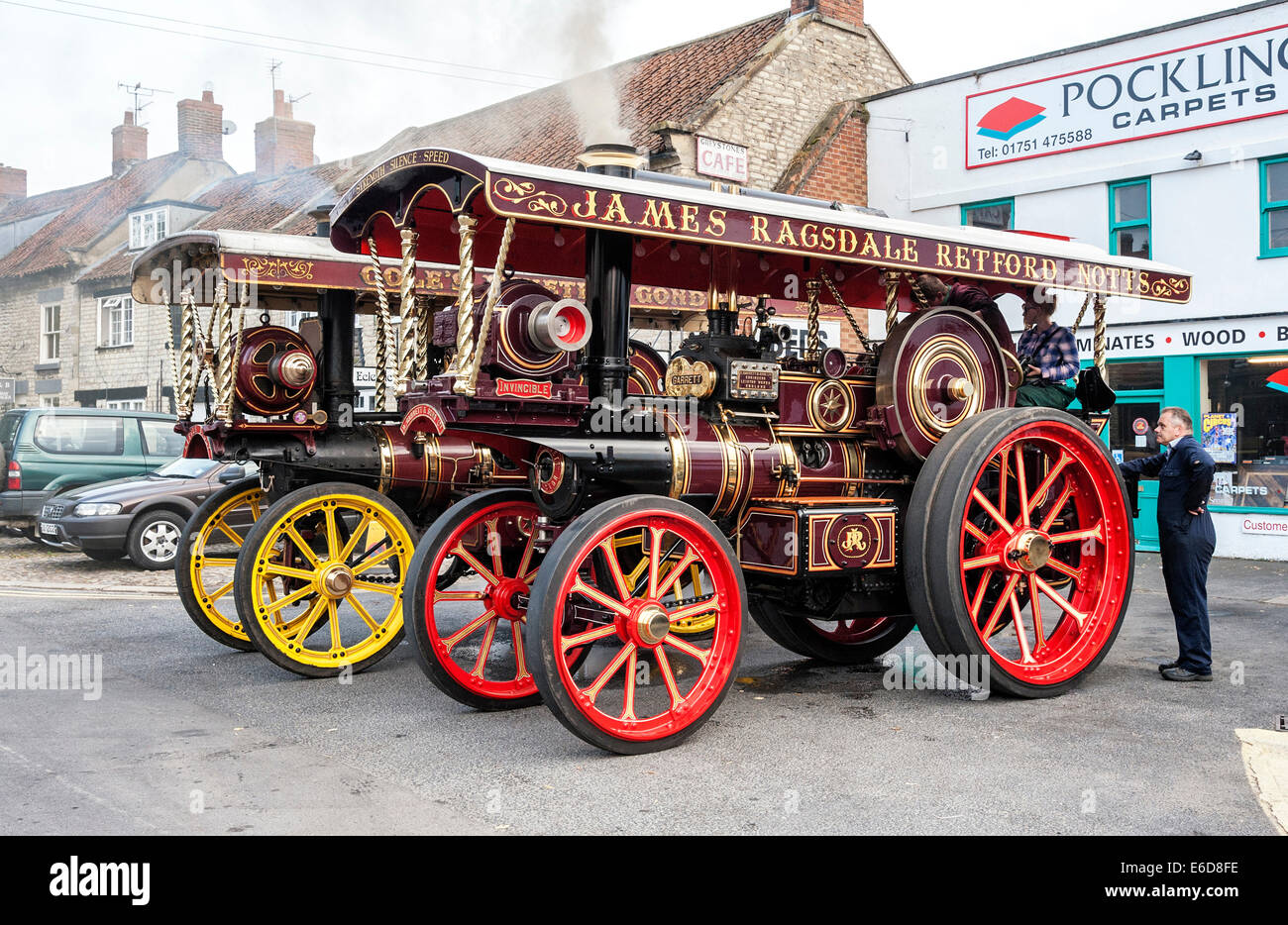 Traction engines lined up near the roundabout at Pickering during the ...