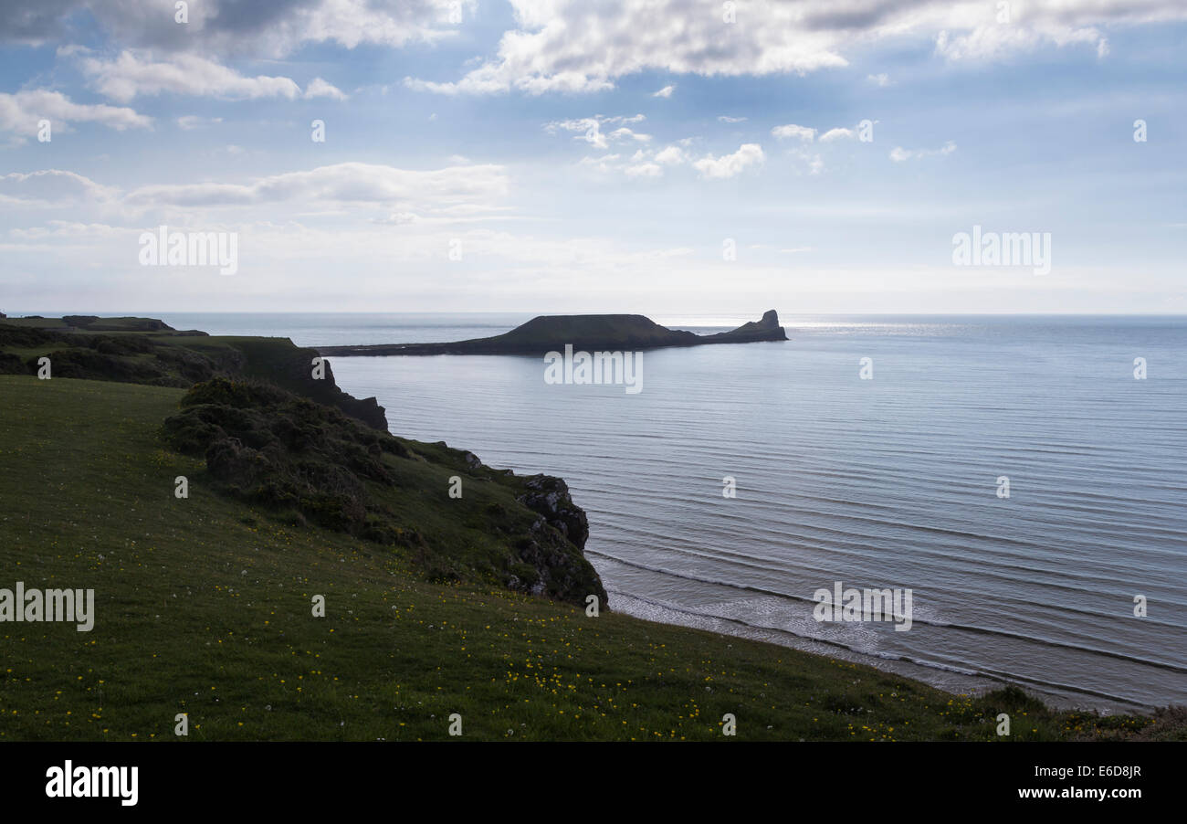 Views across Rhossili Bay to the Worms Head Headland, Wales UK Europe ...