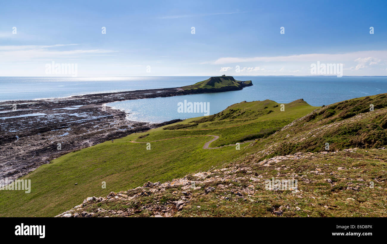 Views across Rhossili Bay to the Worms Head Headland, Wales UK Europe ...