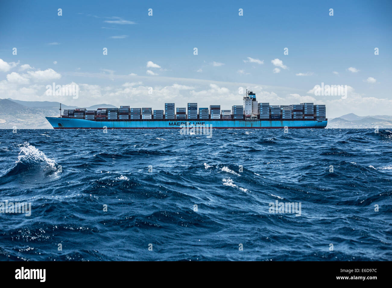 Spain, Andalusia, Tarifa, Strait of Gibraltar, Cargo ship Stock Photo ...