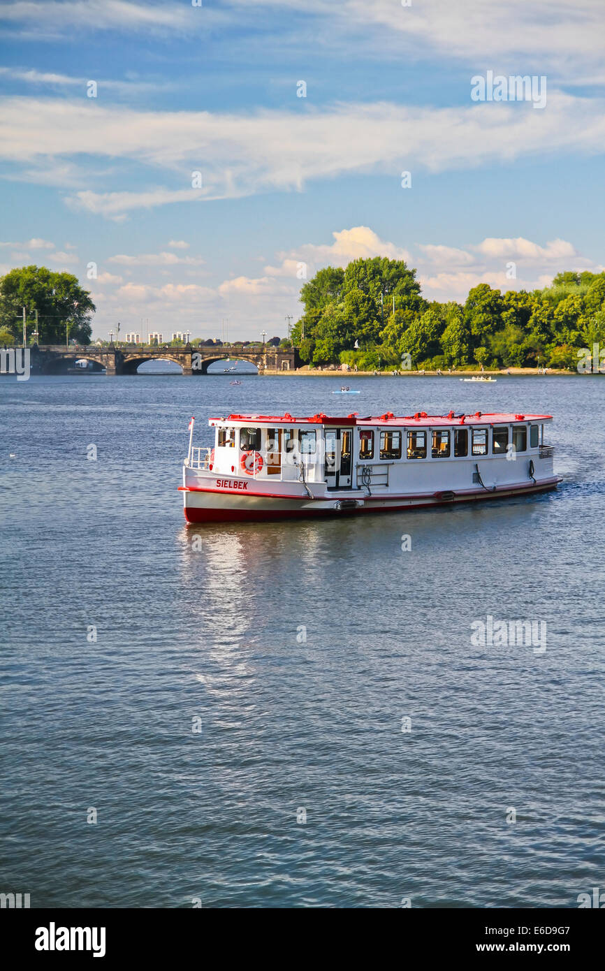 Germany, Hamburg, view to boat driving on Alster River Stock Photo - Alamy