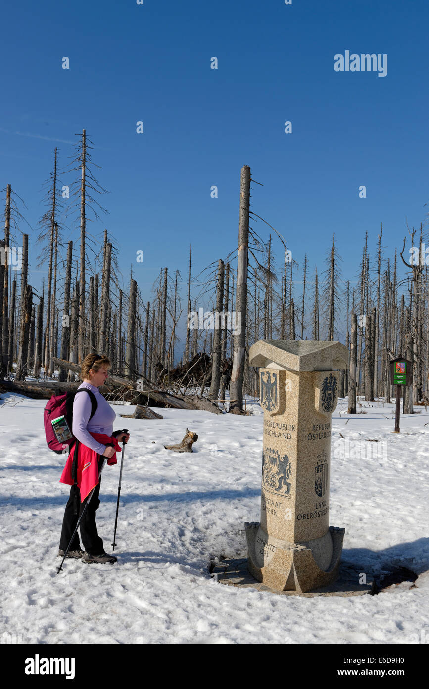 Germany, Bavaria, Lower Bavaria, Bavarian Forest, Hiker at the landmark ...