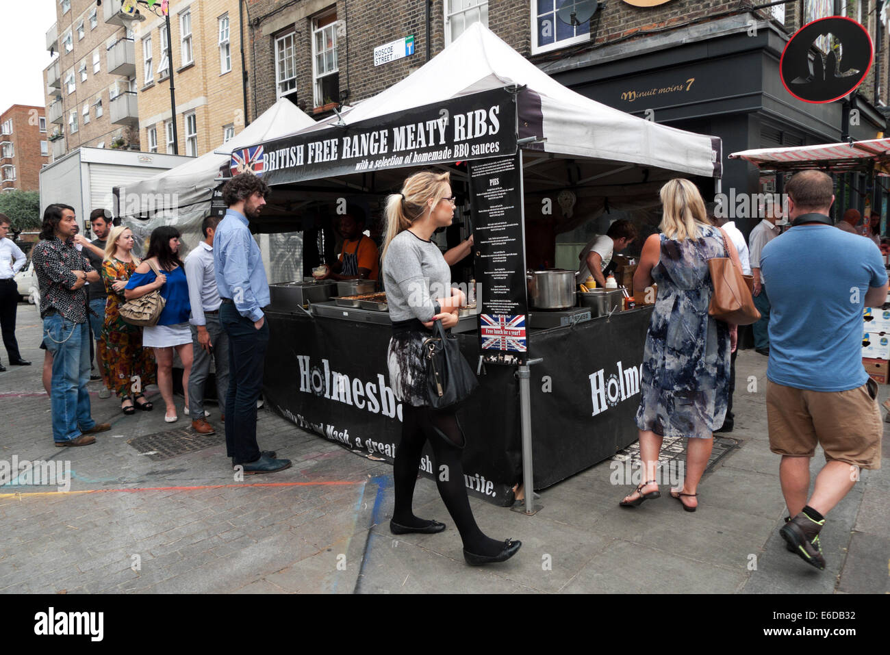 British street food meat stall in Whitecross Street market London E1 ...