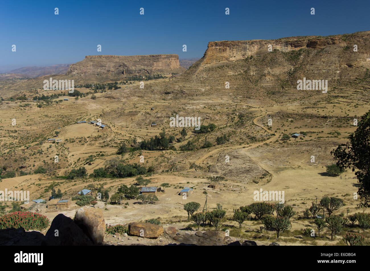 Looking down to the village at the foot of Debre Damo, with flat ...